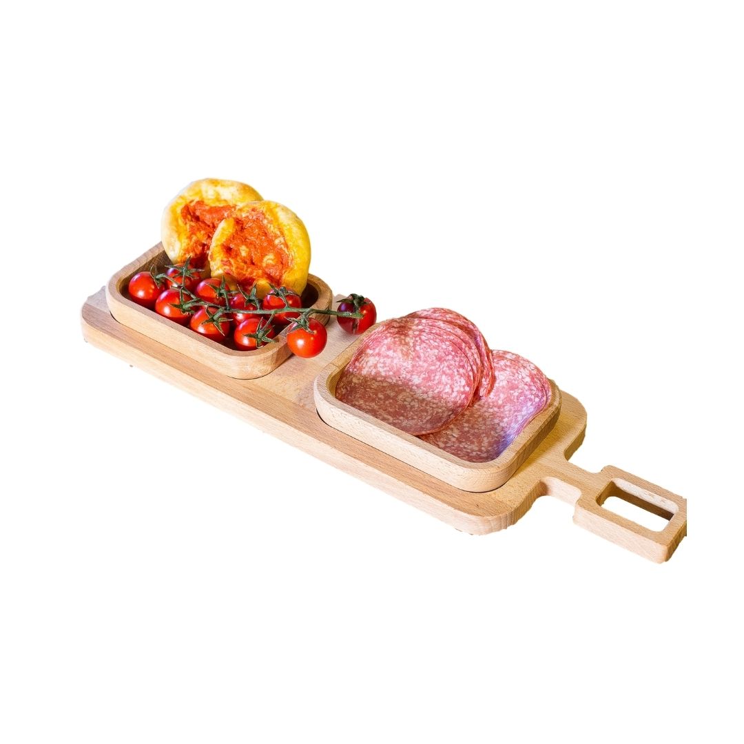 Tagliere con manico in legno di faggio con 2 vaschette - Mottinox Tagliere con manico in legno di faggio con 2 vaschette - Mottinox